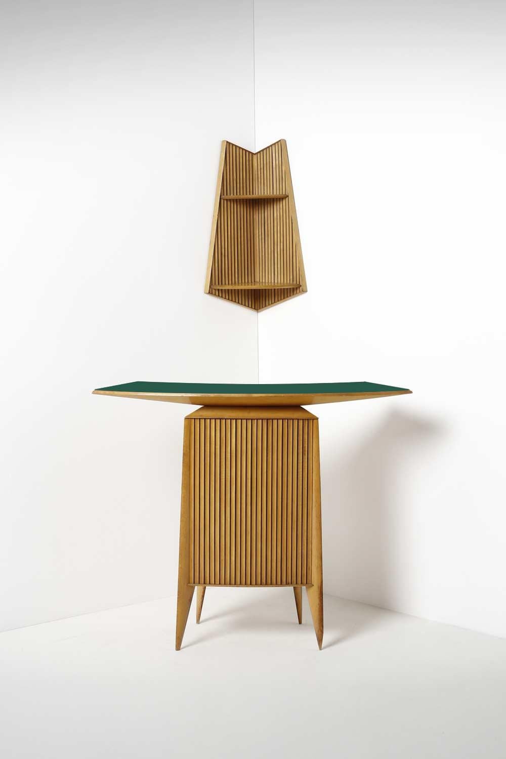 Midcentury Bar Cabinet Set Made of Wood with Dark green Crystal Shelf ...