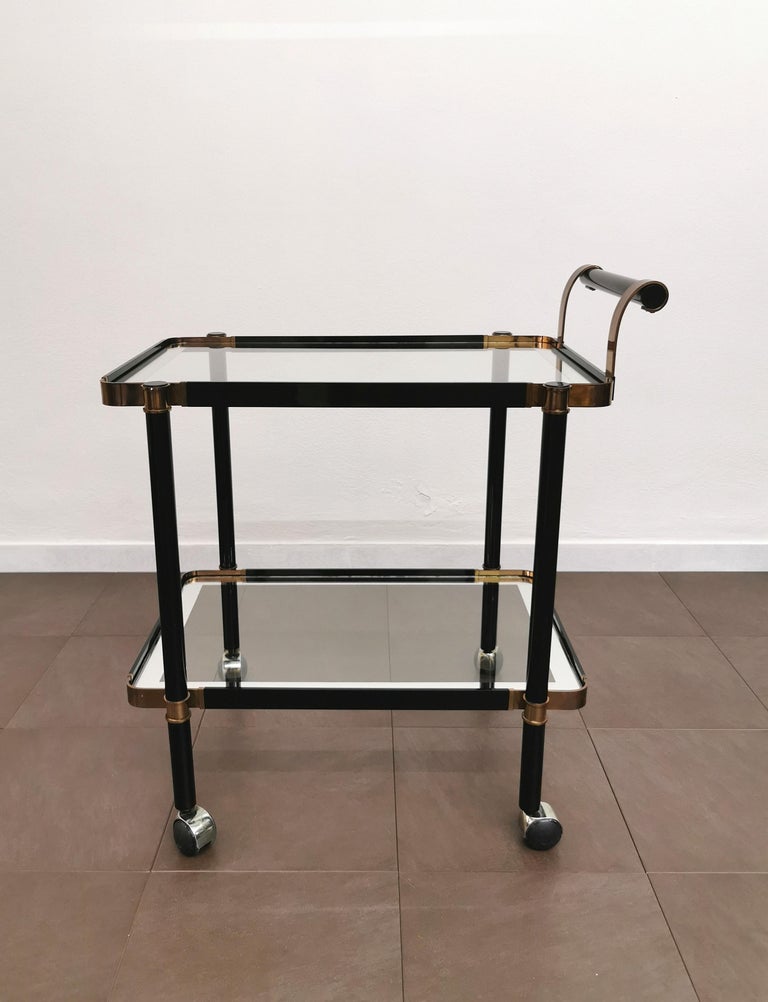 Midcentury Bar Cart Brass Glass Black Enameled Aluminum Italian Design
