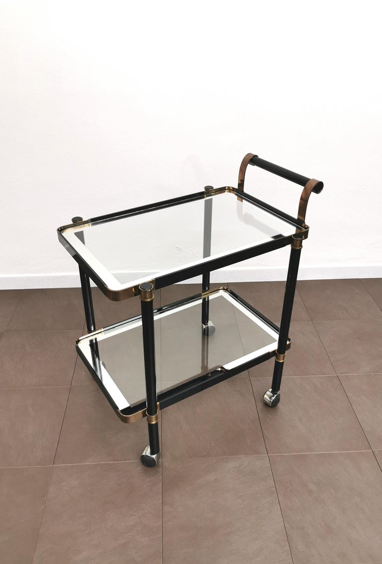 Midcentury Bar Cart Brass Glass Black Enameled Aluminum Italian Design 1970s For Sale At 1stdibs