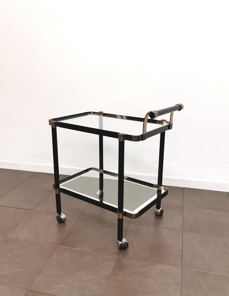 Midcentury Bar Cart Brass Glass Black Enameled Aluminum Italian Design