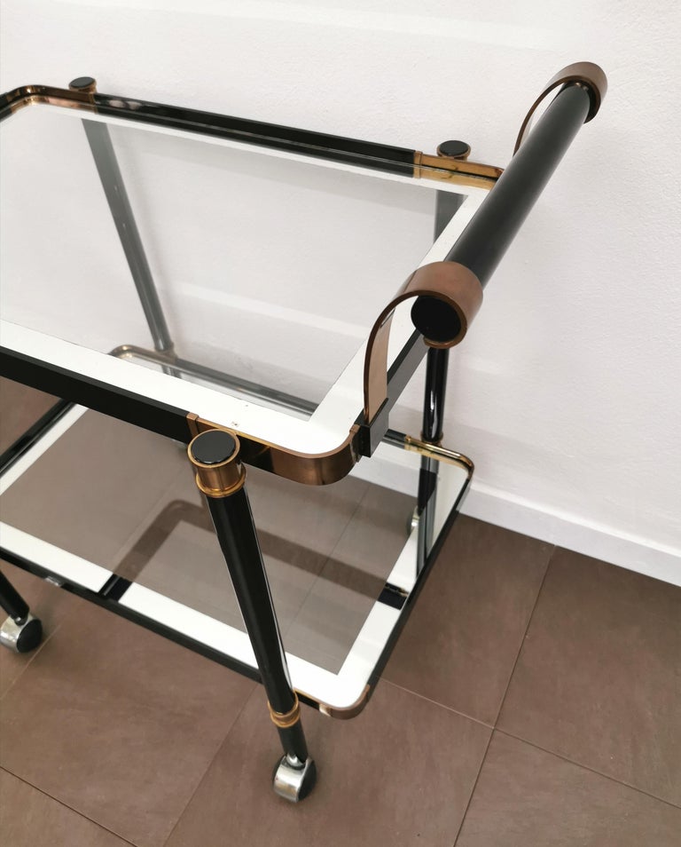 Midcentury Bar Cart Brass Glass Black Enameled Aluminum Italian Design