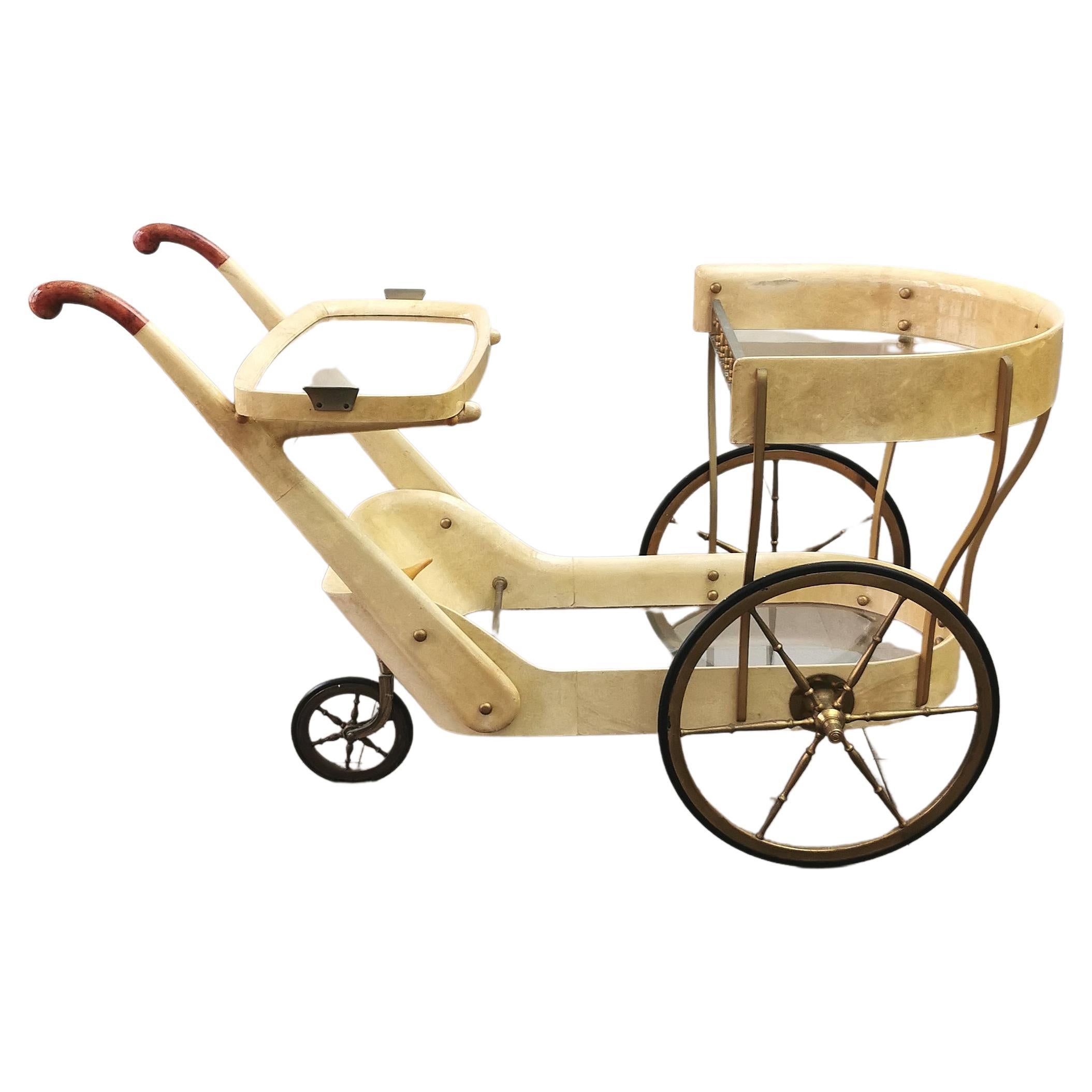 Exquisite Italian Marquetry Wood and Brass Bar Cart at 1stDibs