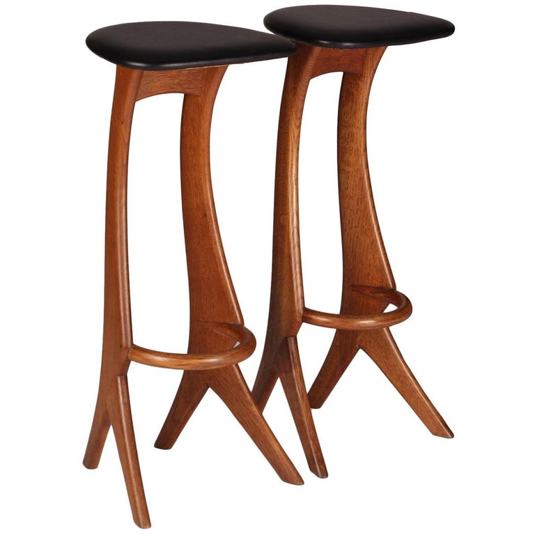Midcentury Barstools in Teak and Leather by Reyway at 1stDibs