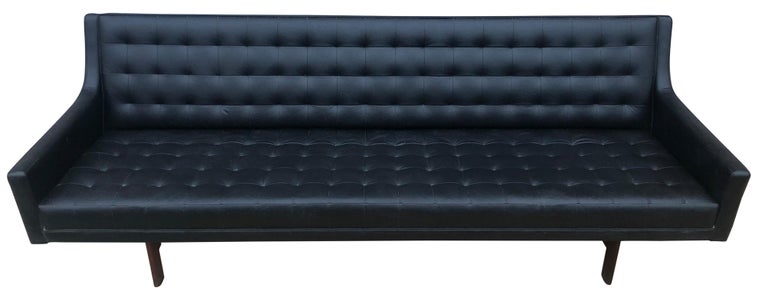 Midcentury Black Faux Leather Vinyl Tufted Long low Sofa by Patrician ...