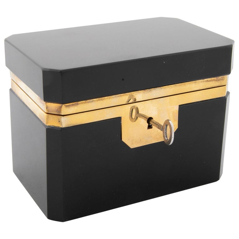 Midcentury Black Opaline Glass Box with Original Key at 1stDibs