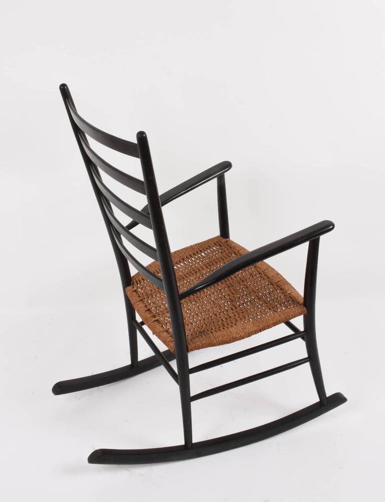 Midcentury Black Wood Vintage Scandinavian Rocking Chair with Rope Seat ...