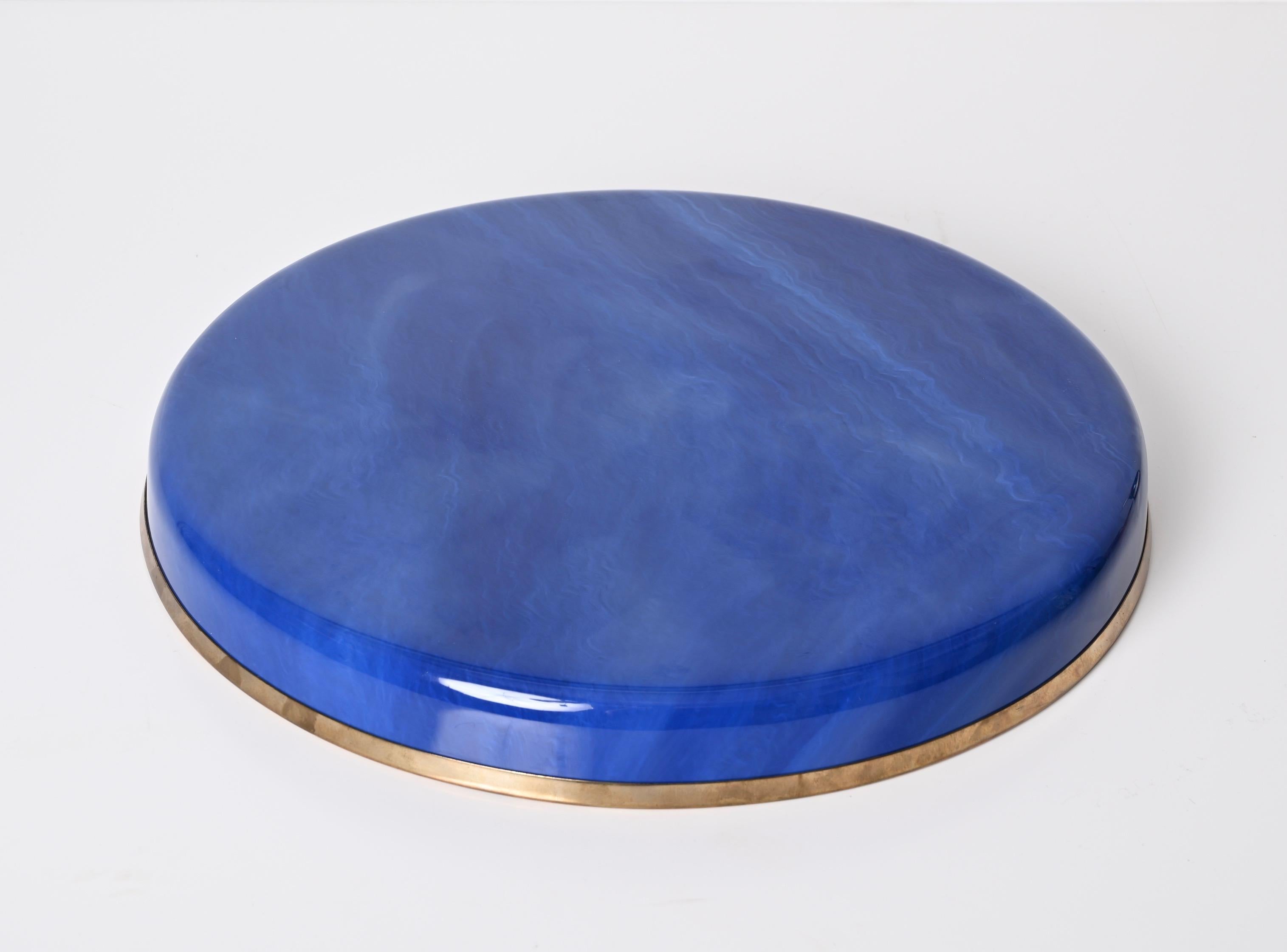 Midcentury Blue Ocean Lucite and Brass Round Serving Tray, Italy 1980s ...