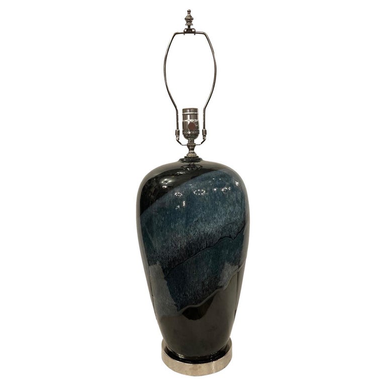 Midcentury Blue Porcelain Table Lamp For Sale at 1stDibs