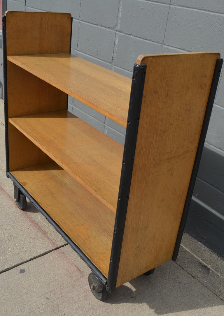 Midcentury Book Shelving Cart of Oak on Wheels from Midwestern Public ...