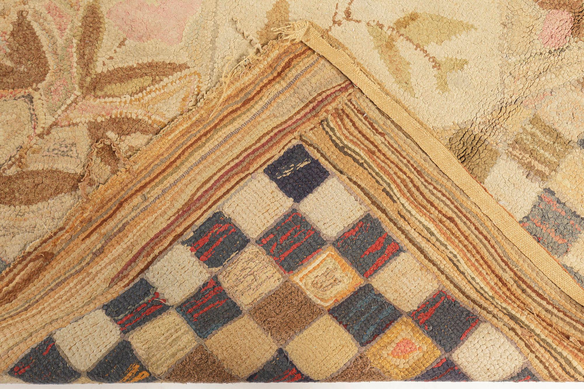 Midcentury Botanic Hooked Wool Rug For Sale at 1stDibs