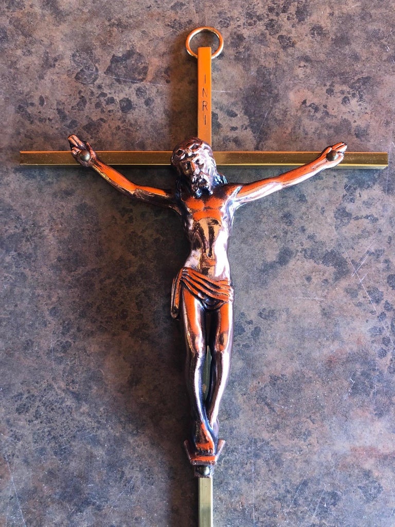 Midcentury Brass Crucifix with Copper Jesus For Sale at 1stDibs