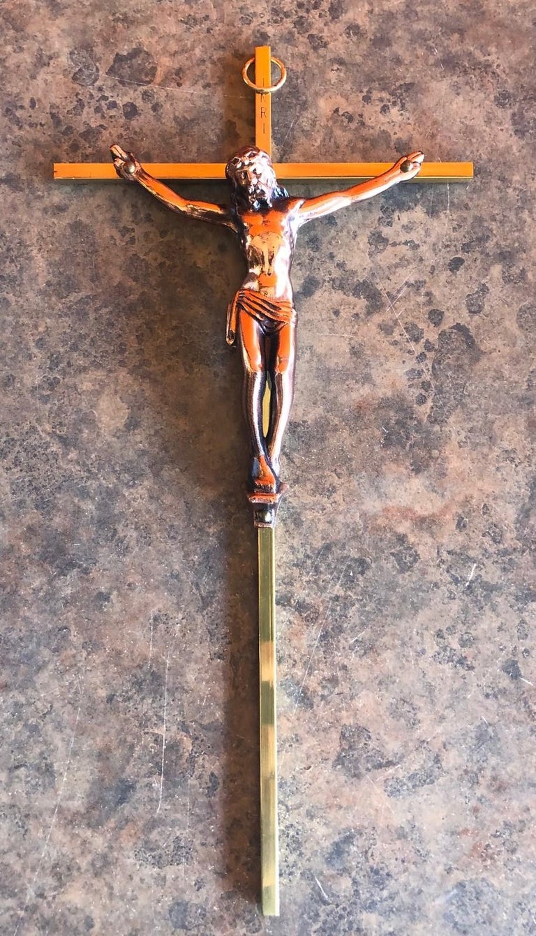 Midcentury Brass Crucifix with Copper Jesus For Sale at 1stDibs