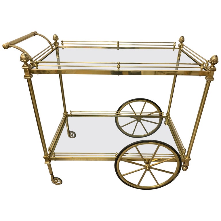 Midcentury Brass Rolling Tea Cart Bar Cart with Glass Shelves at 1stDibs