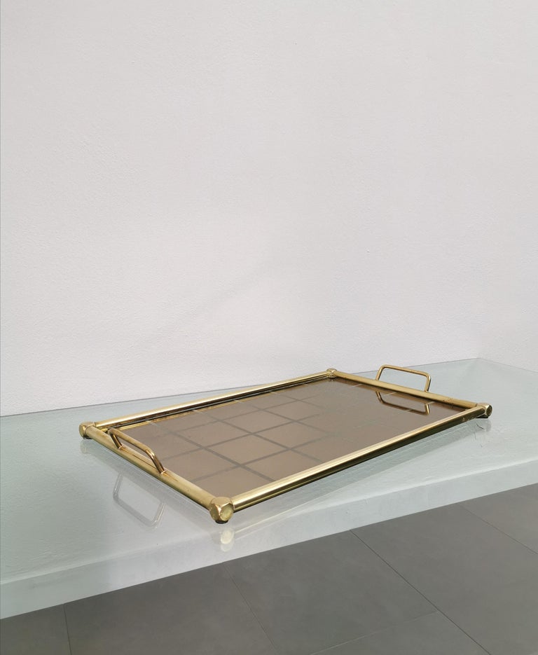 Midcentury Brass Tray Table Mirrored Glass Rectangular Italian Design ...