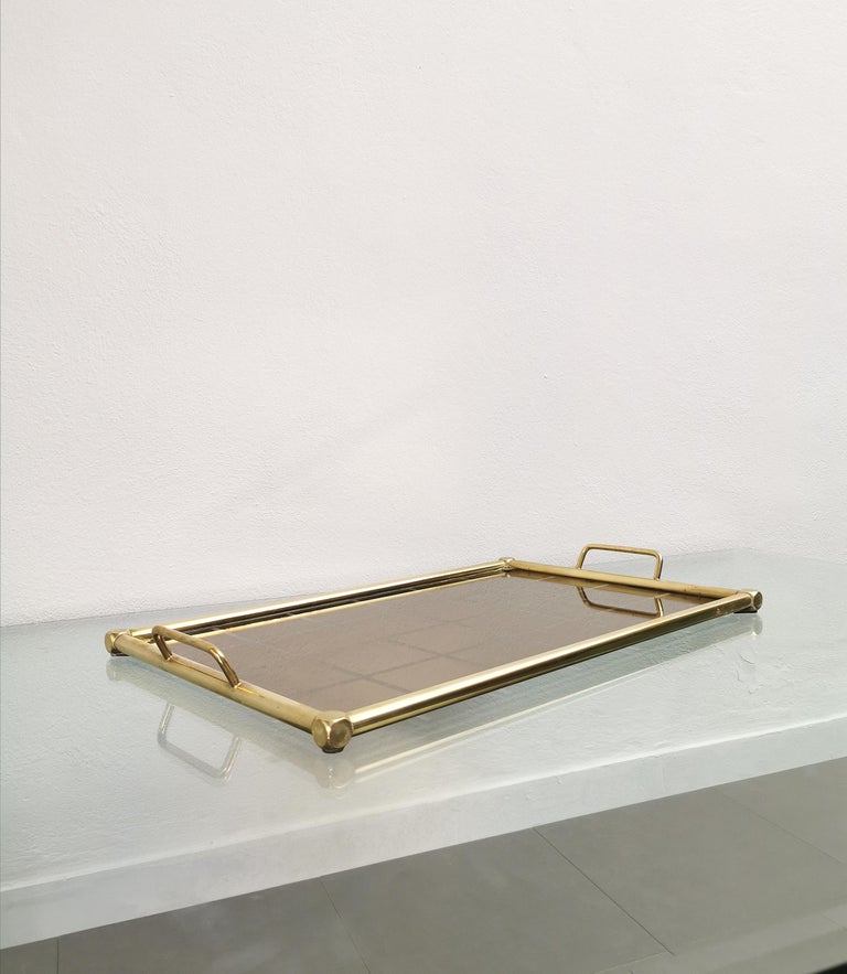 Midcentury Brass Tray Table Mirrored Glass Rectangular Italian Design ...