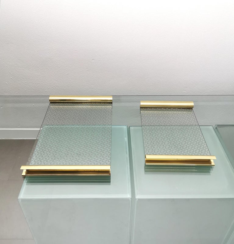 Midcentury Brass Tray Tables Glass Rectangular Italian Design 1970s Set ...