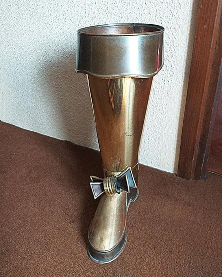 Umbrella Stand Midcentury Brass and Copper, Boot Form For Sale at 1stDibs