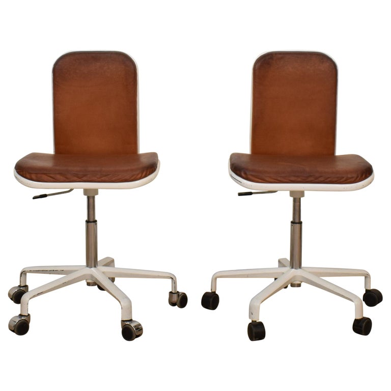 Midcentury Brown Leather Supporto Office Chairs by Fred Scott for Hille ...