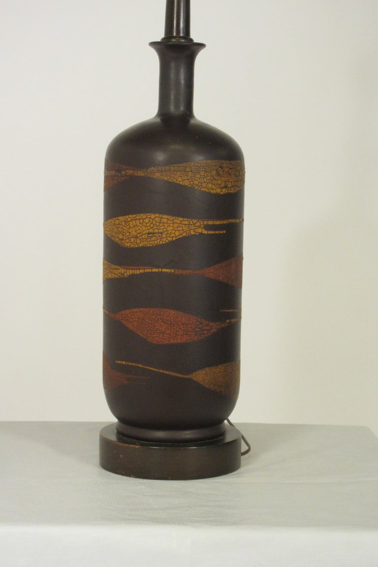 Midcentury Ceramic Snake Skin Pattern Brown Lamp on Wood Base For Sale ...
