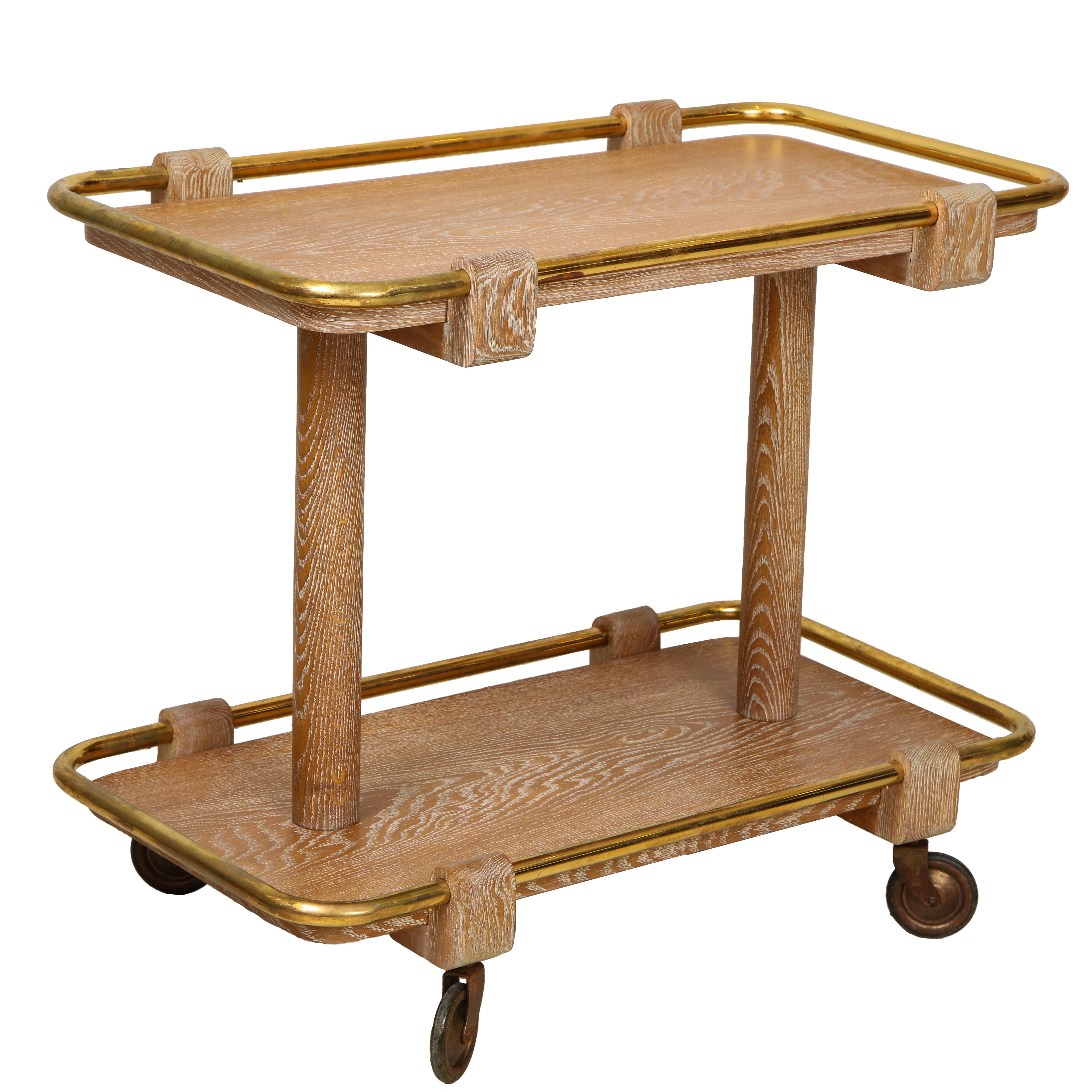 Midcentury Cerused Oak Bar Cart with Brass Mountings at 1stDibs