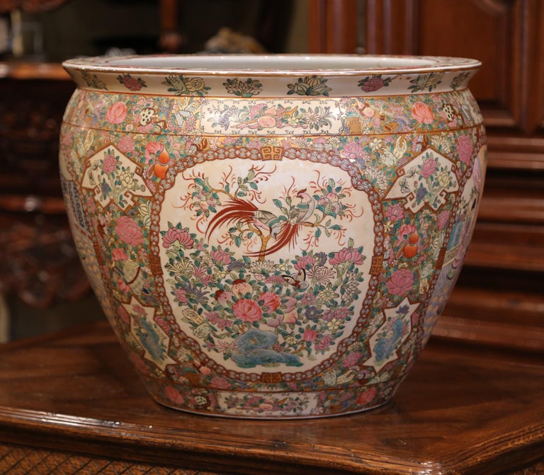 Midcentury Chinese Porcelain Famille Rose Fish Bowl with Oriental ...