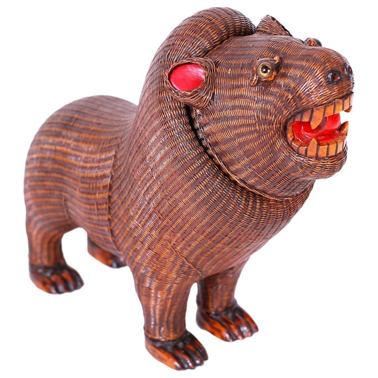 Midcentury Chinese Wicker Lion Box at 1stDibs
