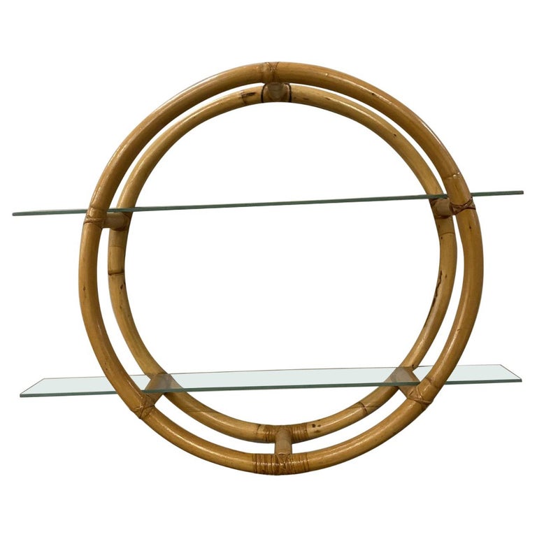 Midcentury Circular Rattan Wall "Skeleton" Hanging Shelf with Slat ...