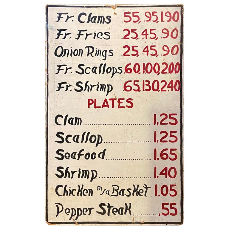 Midcentury Clam Shack Menu Board, circa 1947 at 1stDibs
