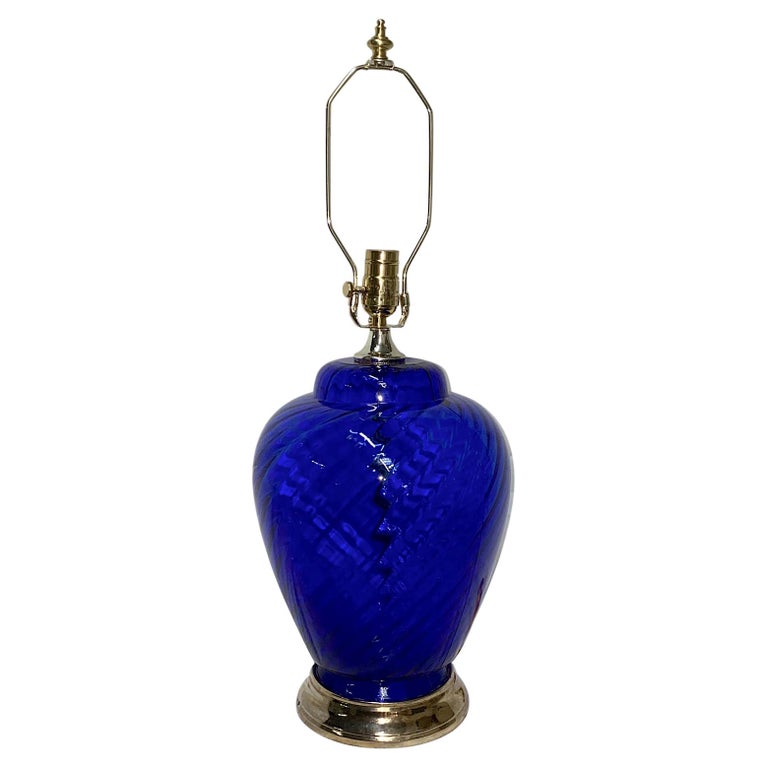 Midcentury Cobalt Blue Glass Table Lamp For Sale at 1stDibs