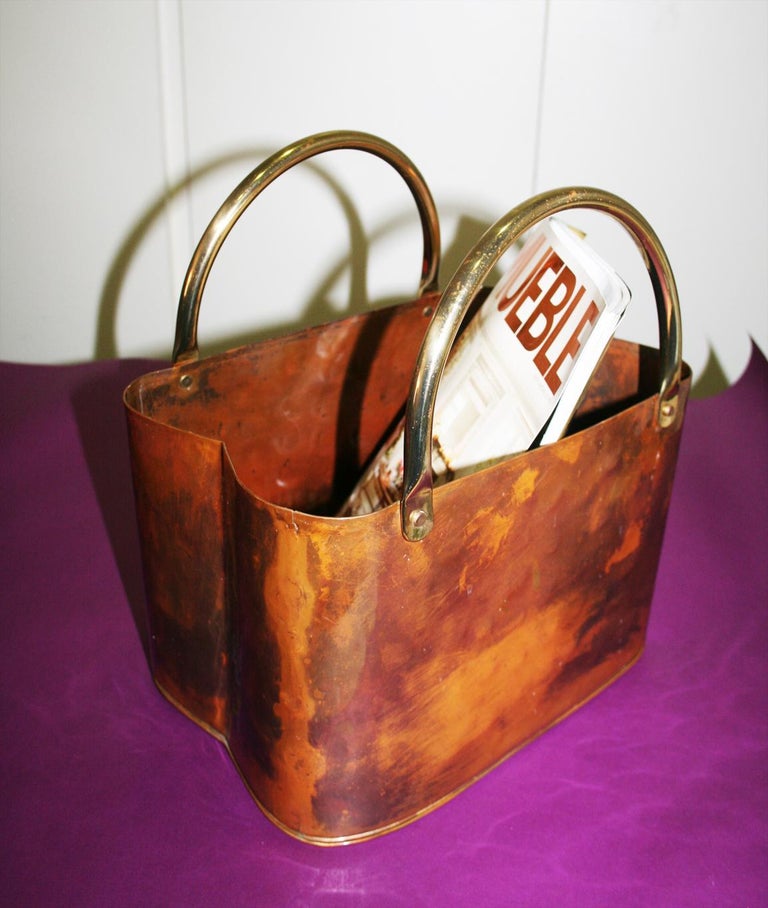 Midcentury Copper Magazine Rack with Brass Handles at 1stDibs