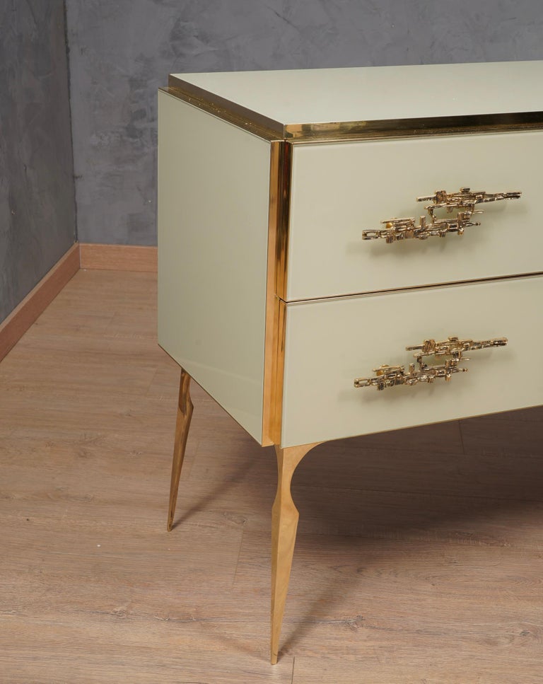Midcentury Cream Color Glass and Brass Commode, 1980 For Sale at 1stDibs