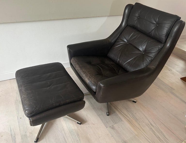 Midcentury Danish Modern Leather Lounge Chair Ottoman by Erhardsen and ...