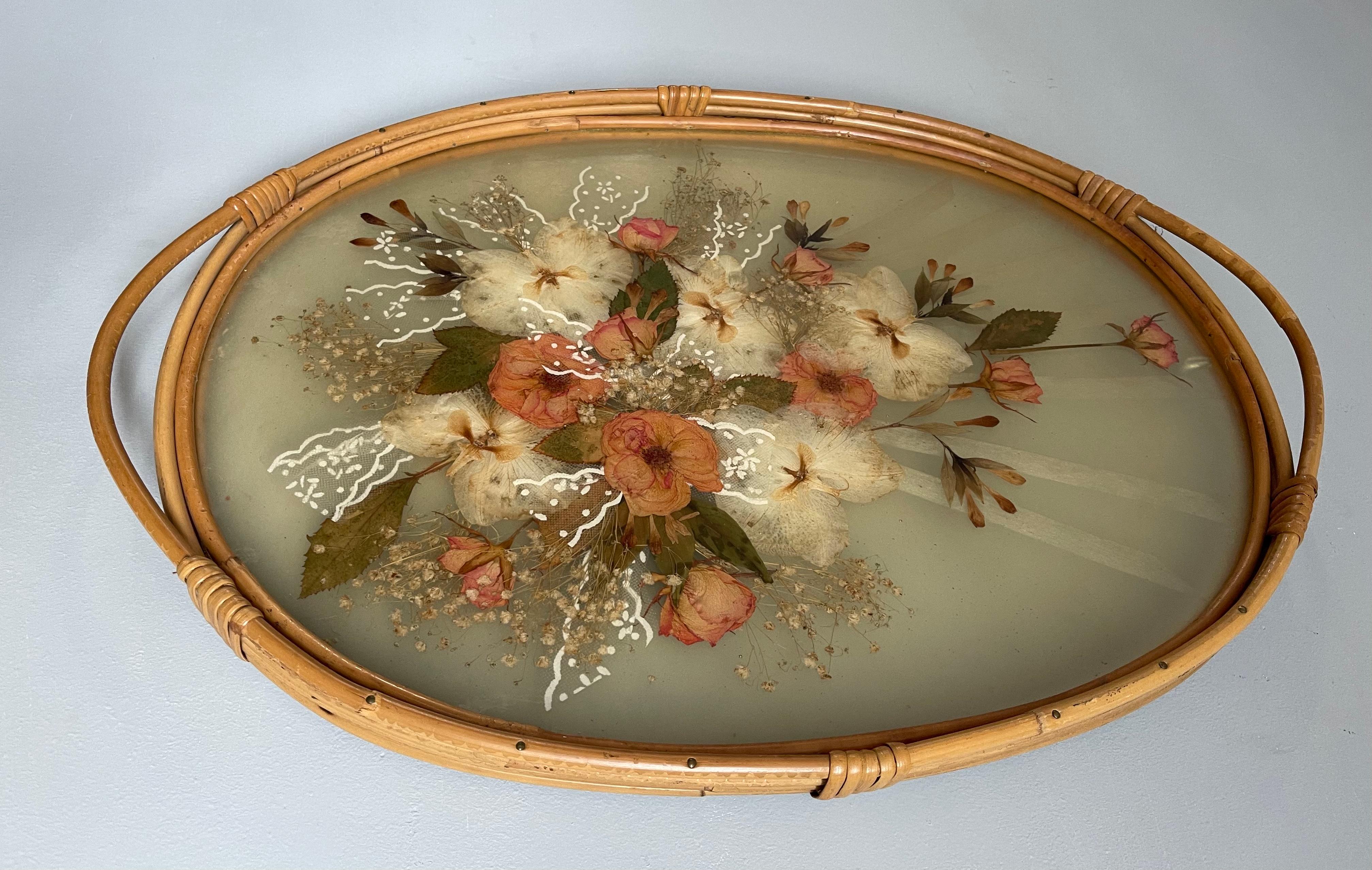 Midcentury Era Handwoven Wicker and Stunning Dried Flowers Inlaid ...