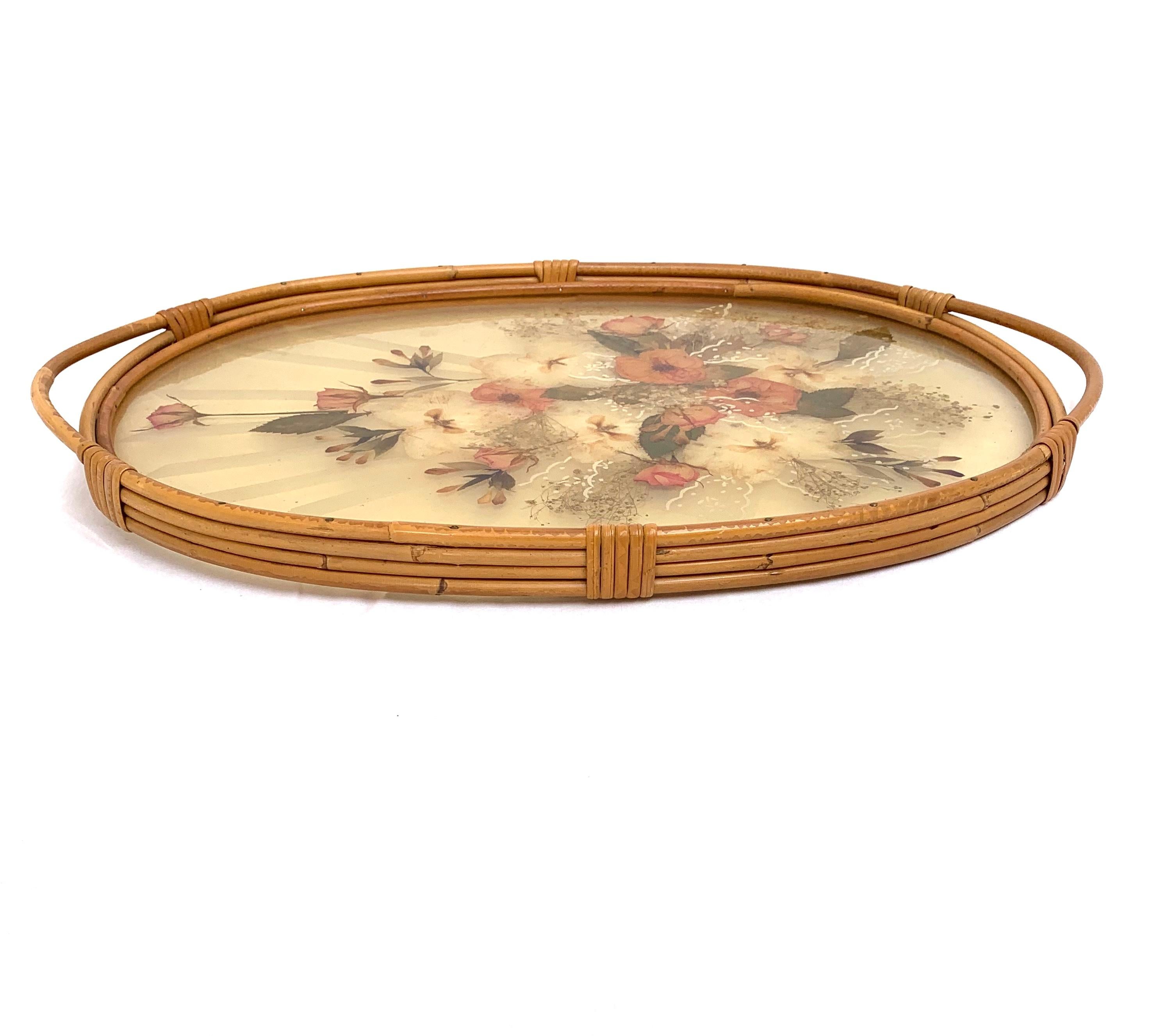 Midcentury Era Handwoven Wicker and Stunning Dried Flowers Inlaid ...