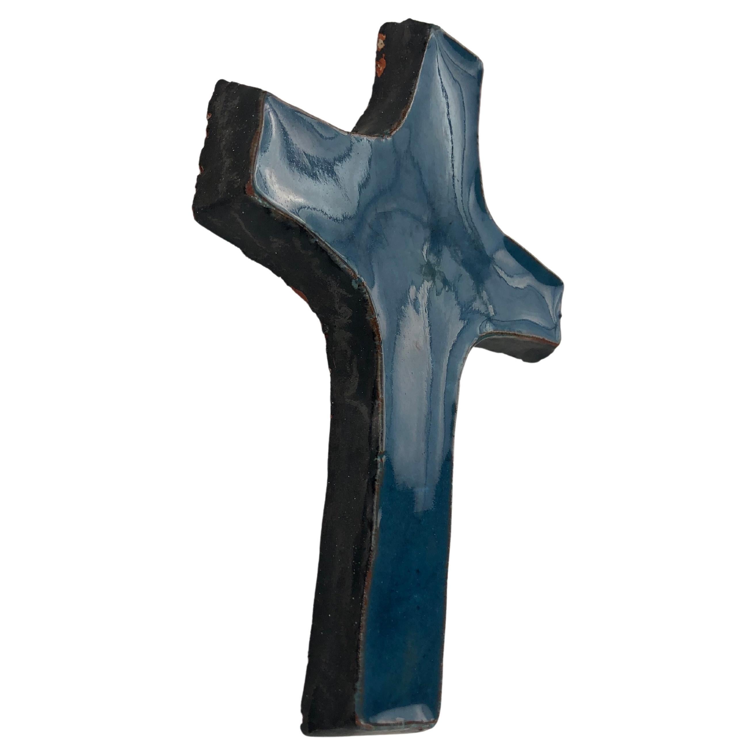Midcentury European Blue Ceramic Cross, Multidimensional Depths of Blue ...