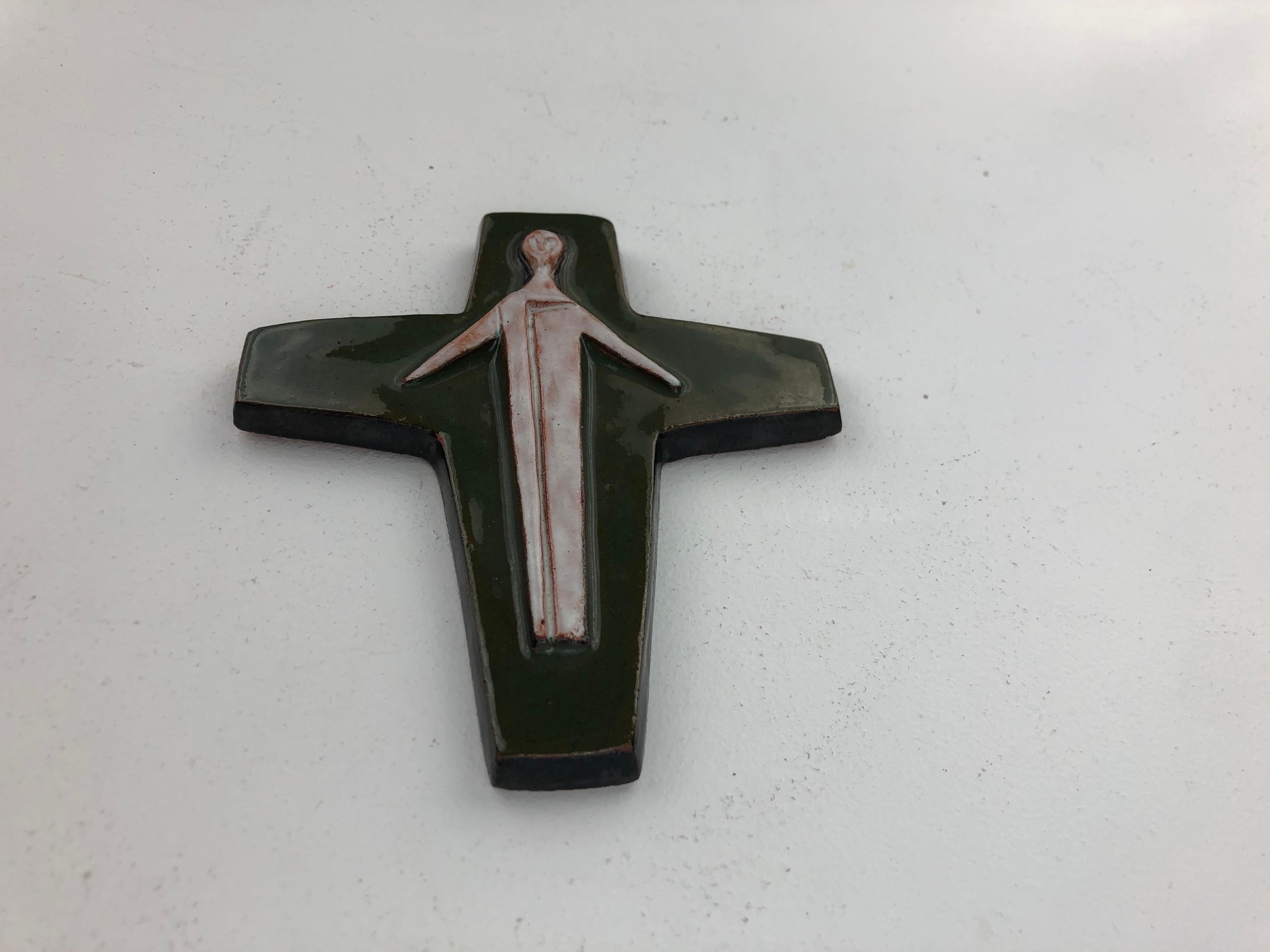 Midcentury European Glossy Ceramic Cross - Otherworldly Christ Figure ...