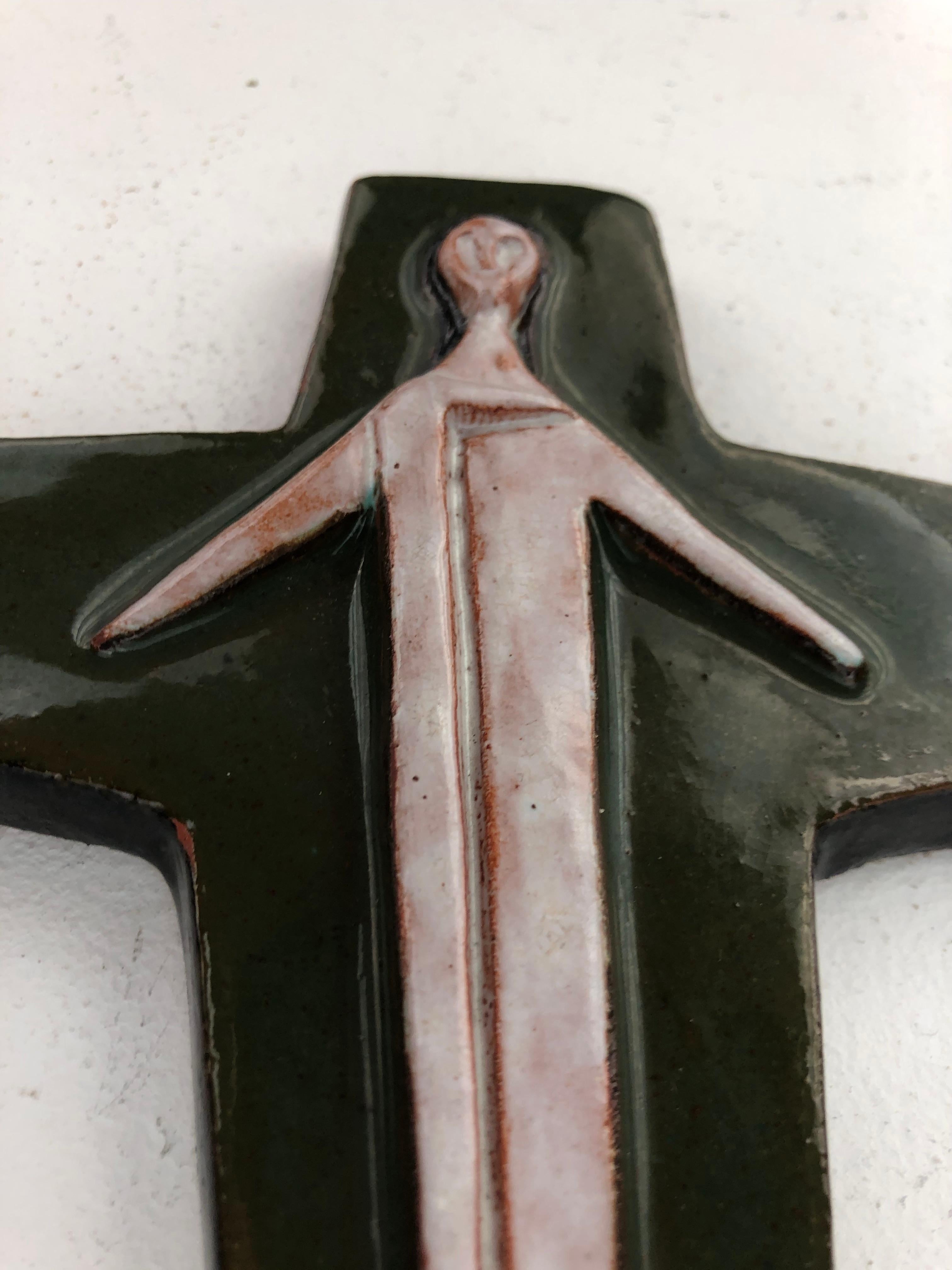 Midcentury European Glossy Ceramic Cross - Otherworldly Christ Figure ...