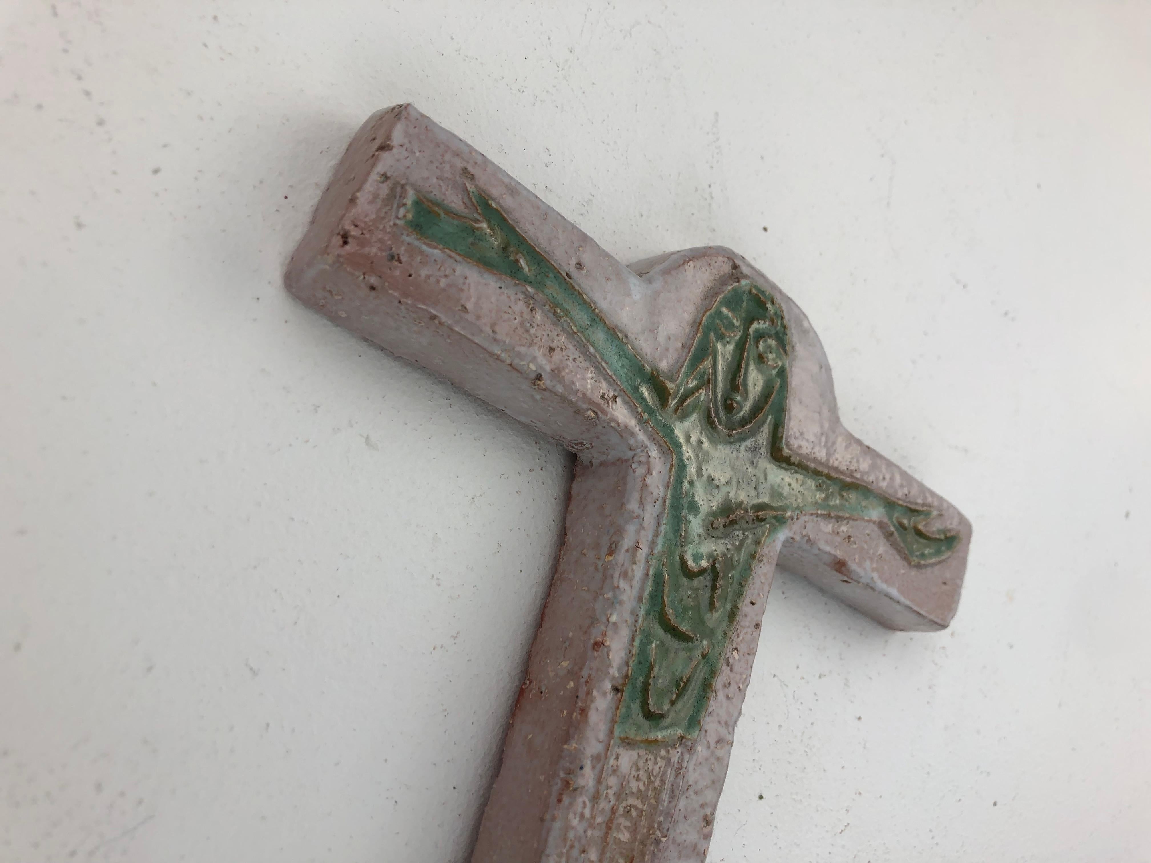 Midcentury European Gray Ceramic Cross with Otherworldly Green Christ ...