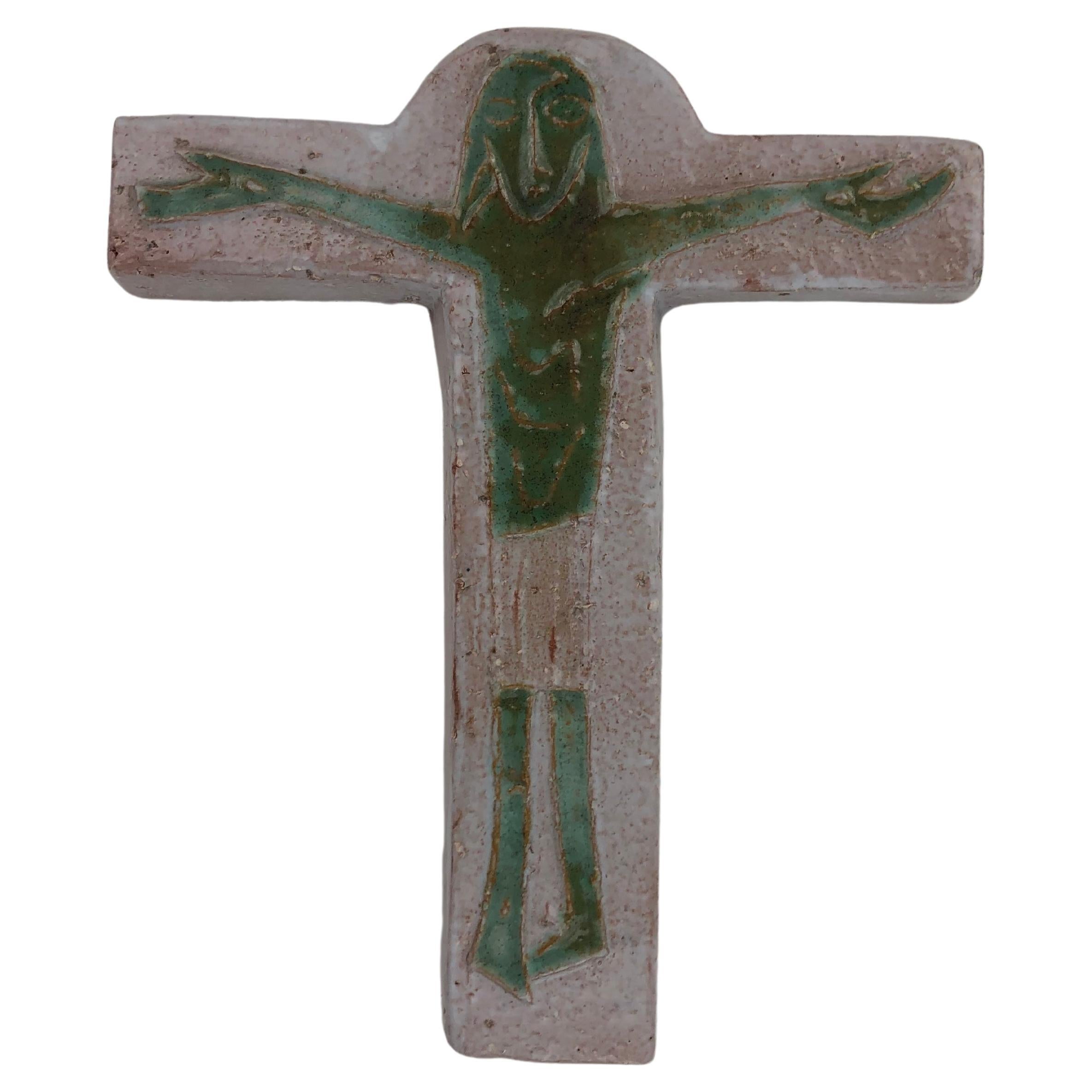 Midcentury European Gray Ceramic Cross with Otherworldly Green Christ ...