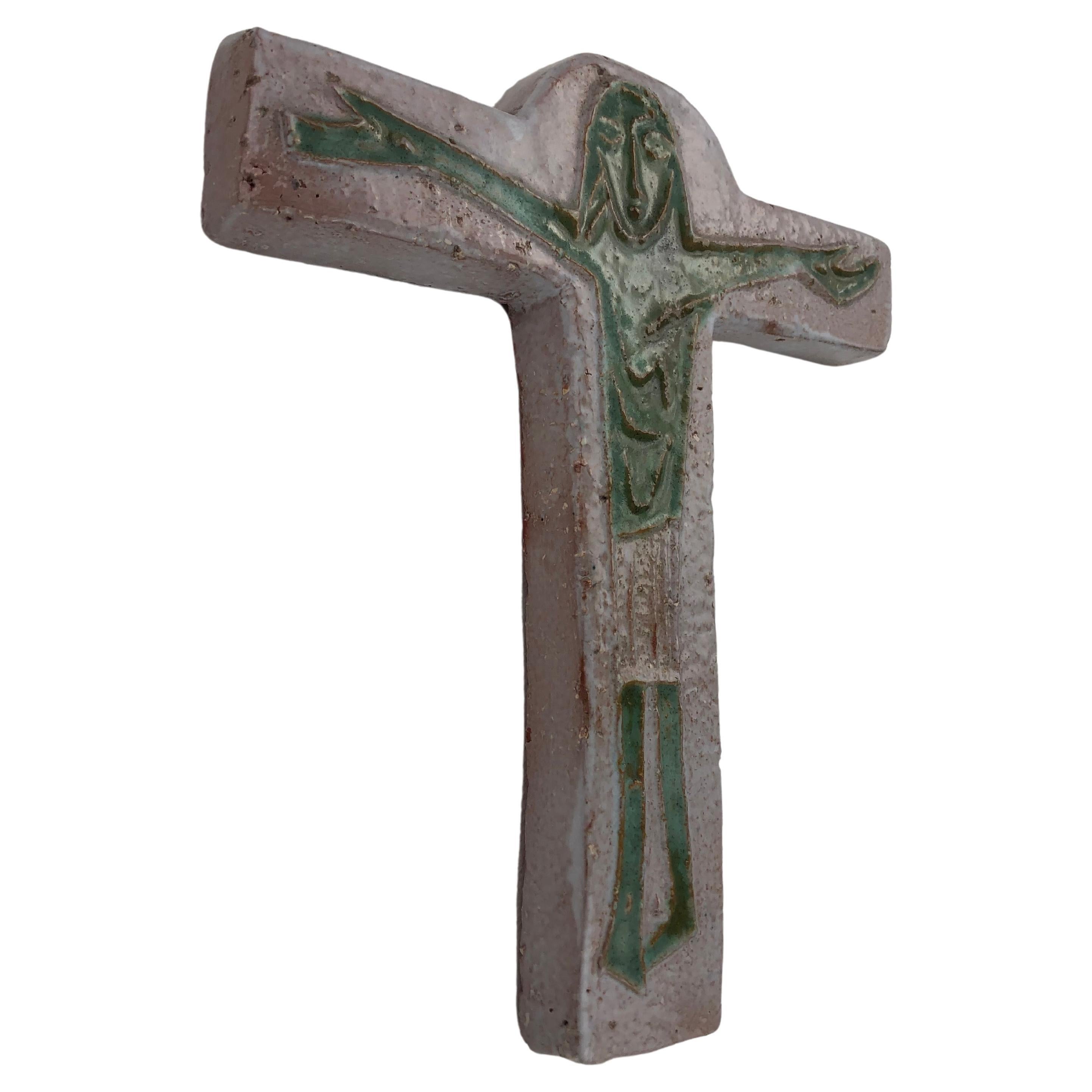 Midcentury European Gray Ceramic Cross with Otherworldly Green Christ ...