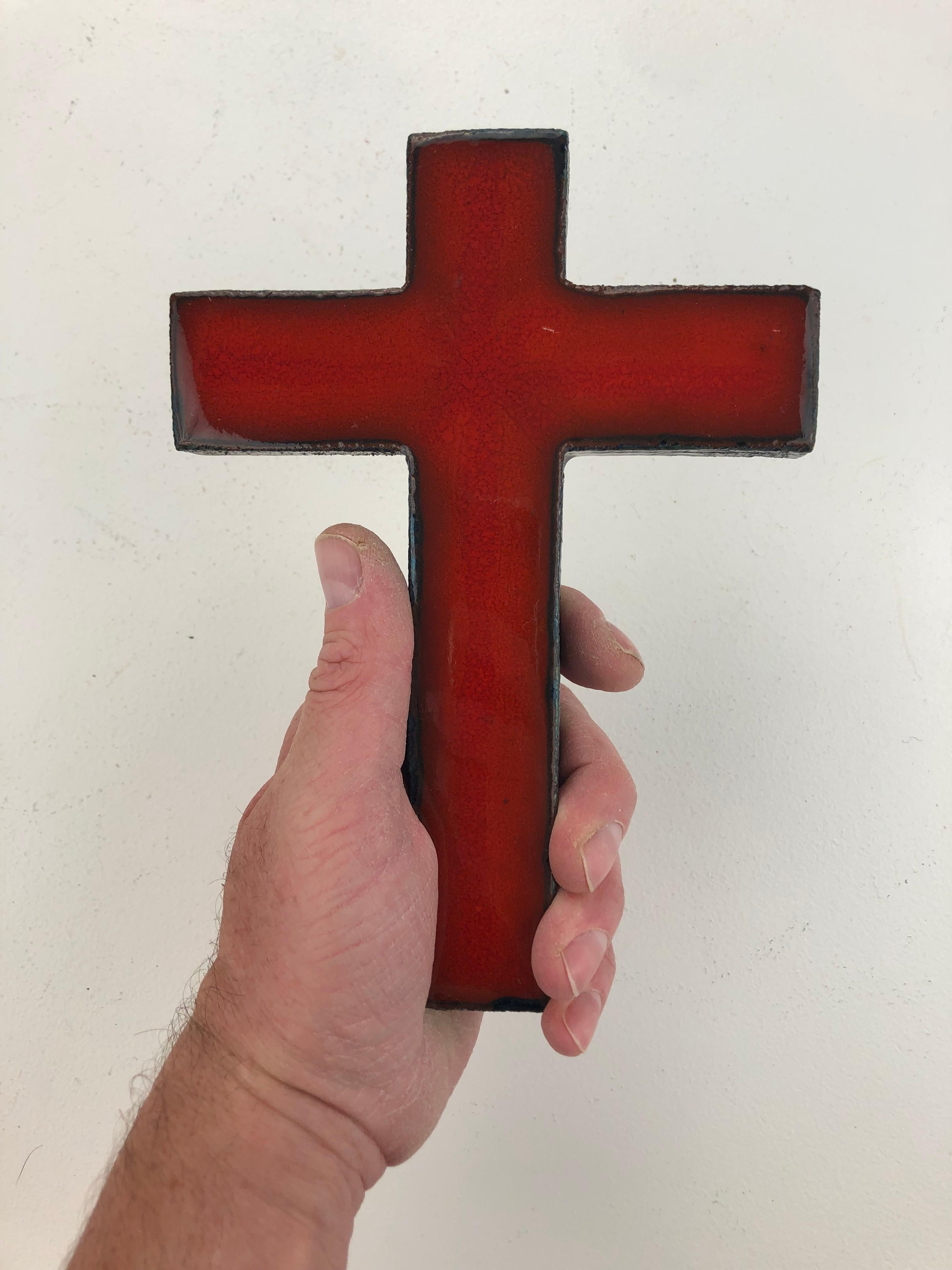 Midcentury European Red Glossy Ceramic Cross Unique Vintage Collectible ...