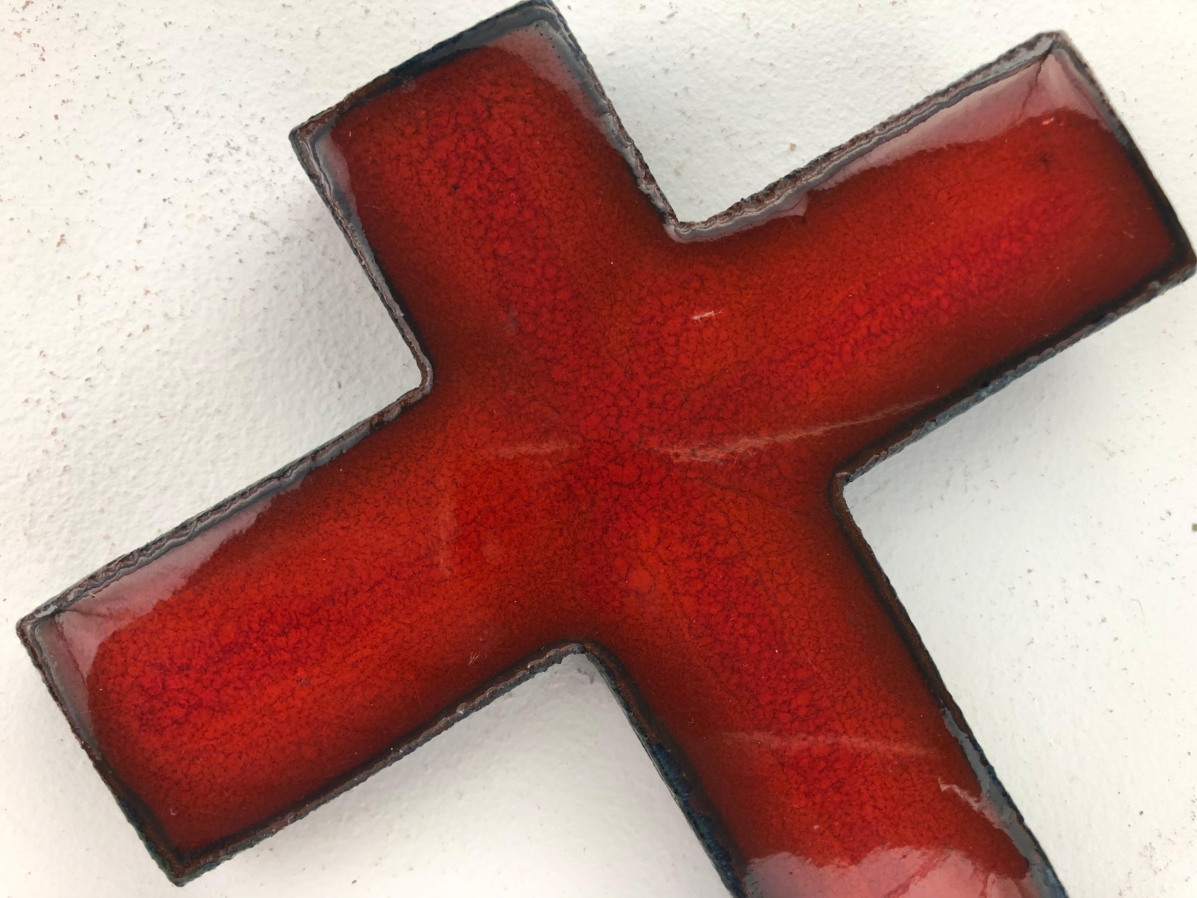 Midcentury European Red Glossy Ceramic Cross Unique Vintage Collectible ...