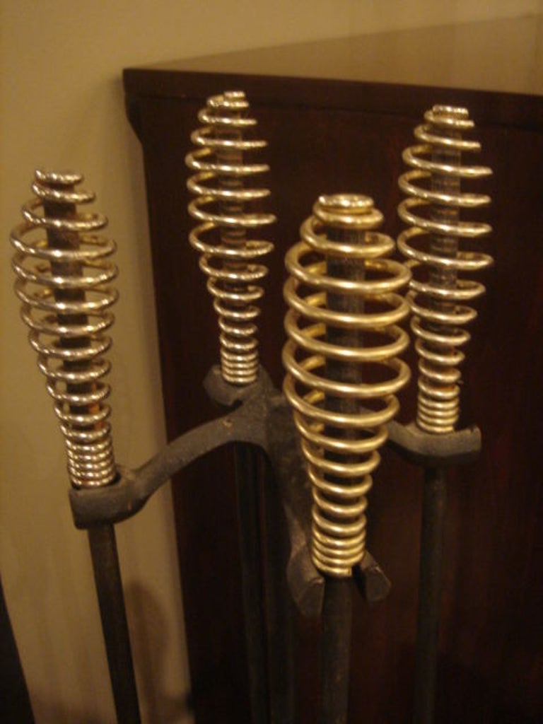 Midcentury Fireplace Tool Set with Nickel-Plated Coil Handles For Sale ...