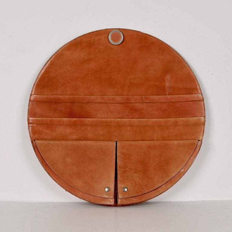 MidCentury Frau Leather and Steel Round Wall Pocket Italian Magazine ...