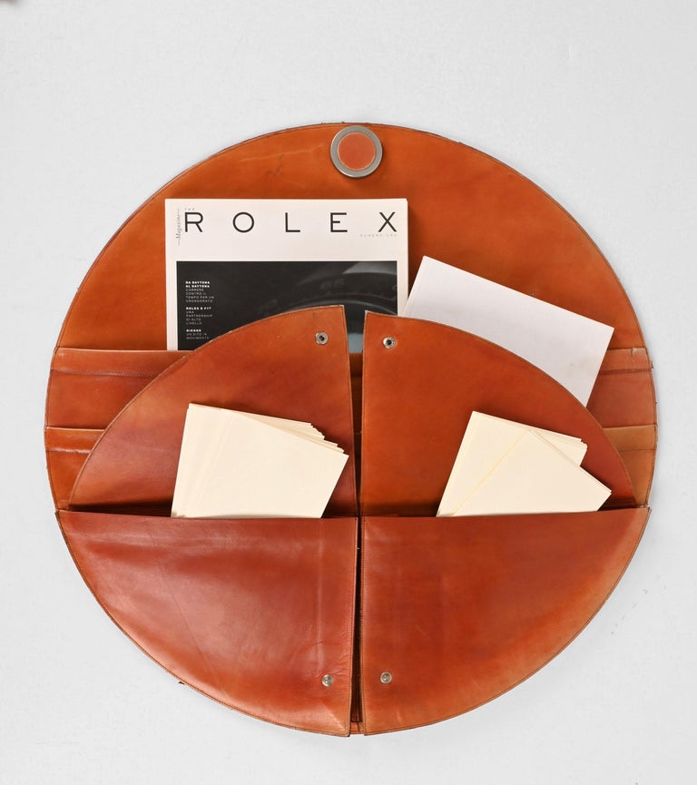 MidCentury Frau Leather and Steel Round Wall Pocket Italian Magazine ...
