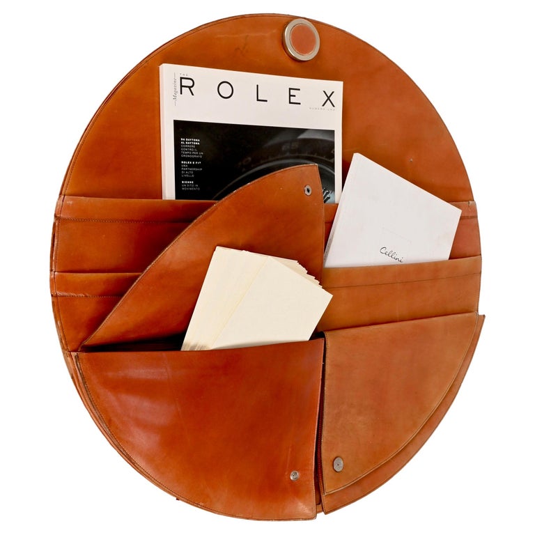 MidCentury Frau Leather and Steel Round Wall Pocket Italian Magazine ...
