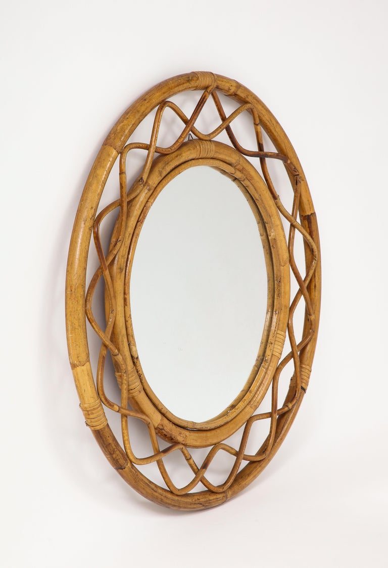 Midcentury French Braided Rattan and Bamboo Round Wall Mirror For Sale ...