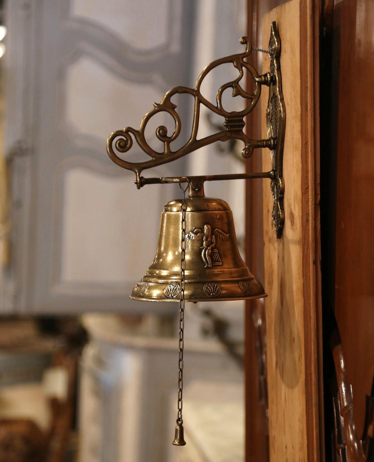 Midcentury French Brass Hanging Bell with Chain and Wall Bracket at 1stDibs