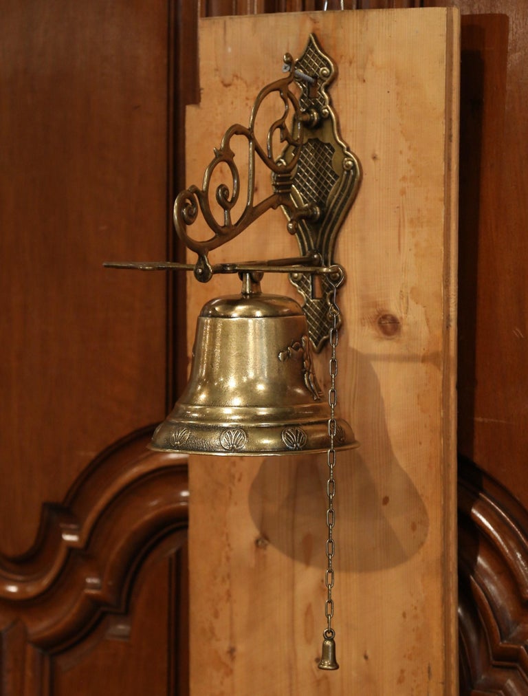 Midcentury French Brass Hanging Bell with Chain and Wall Bracket at 1stDibs