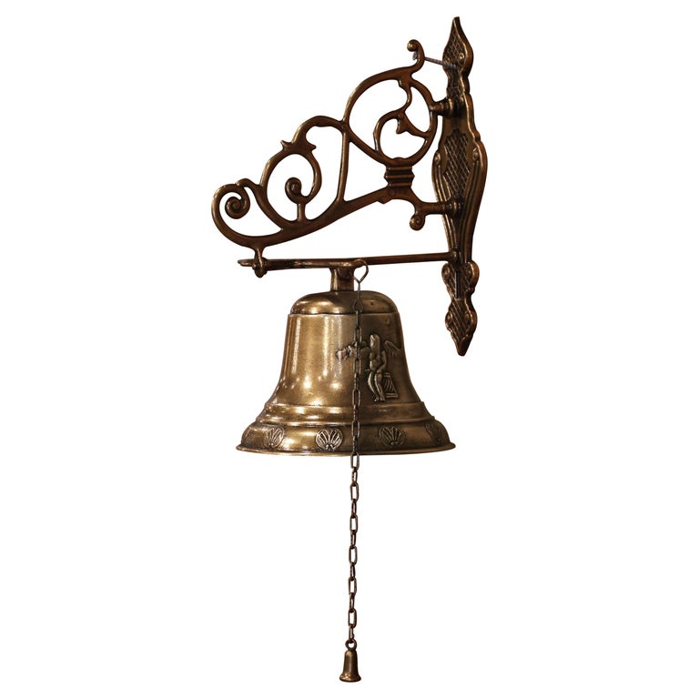 Midcentury French Brass Hanging Bell with Chain and Wall Bracket at 1stDibs